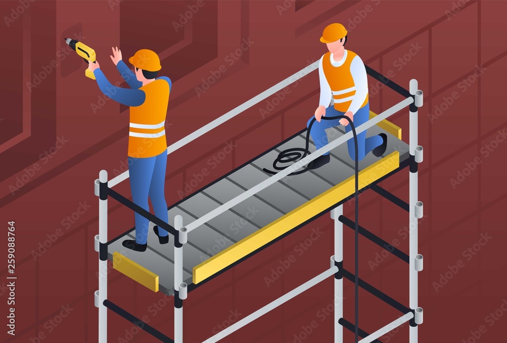 Constructors on scaffold banner. Isometric illustration of constructors ...