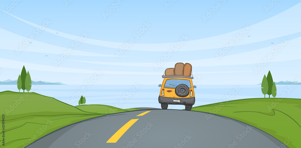 Cartoon Summer landscape with travel car rides on the road and sea on ...