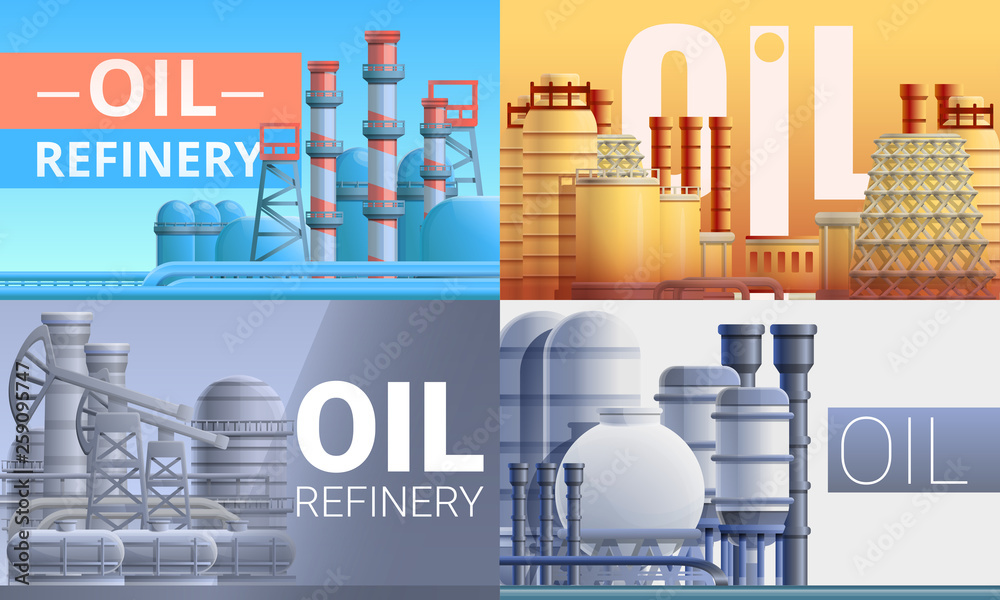 Refinery plant banner set. Cartoon illustration of refinery plant ...