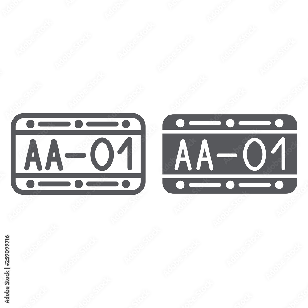Car number line and glyph icon, automobile and part, metal number sign ...