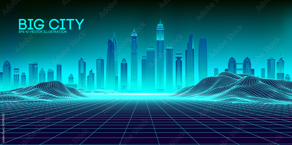 Retro background futuristic landscape 1980s style. Futuristic ...
