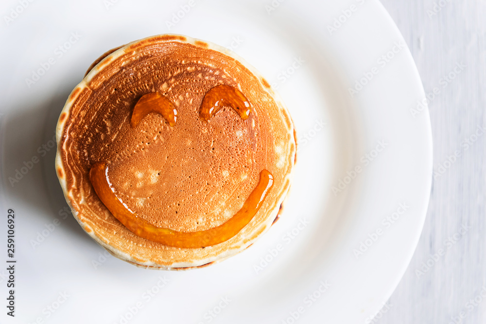 fresh classic pancake stacked in stack on gray background with place ...