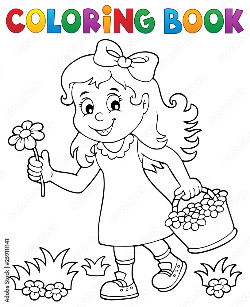 Coloring book girl with flower theme 1 Stock Vector | Adobe Stock