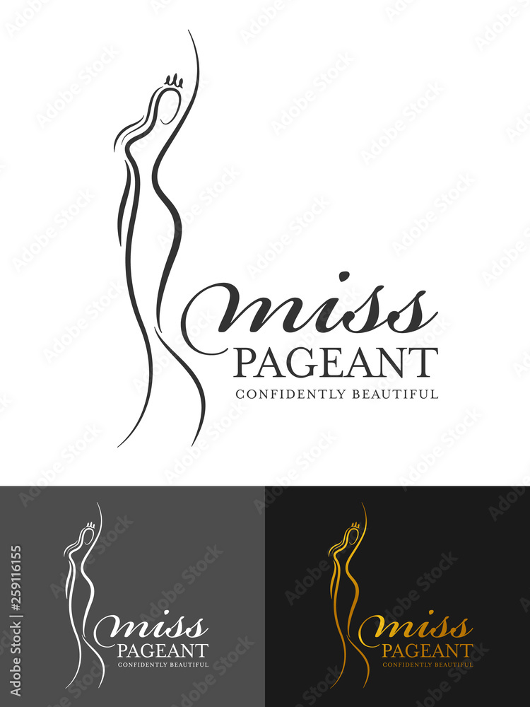 miss pageant logo sign with abstract line woman queen wear crown and ...