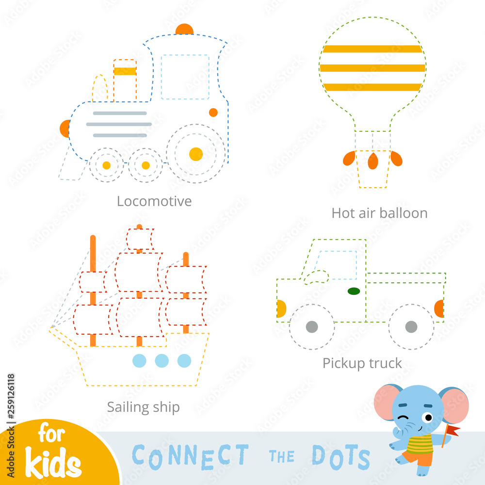 Connect the dots, education game for children. Transport set Stock ...