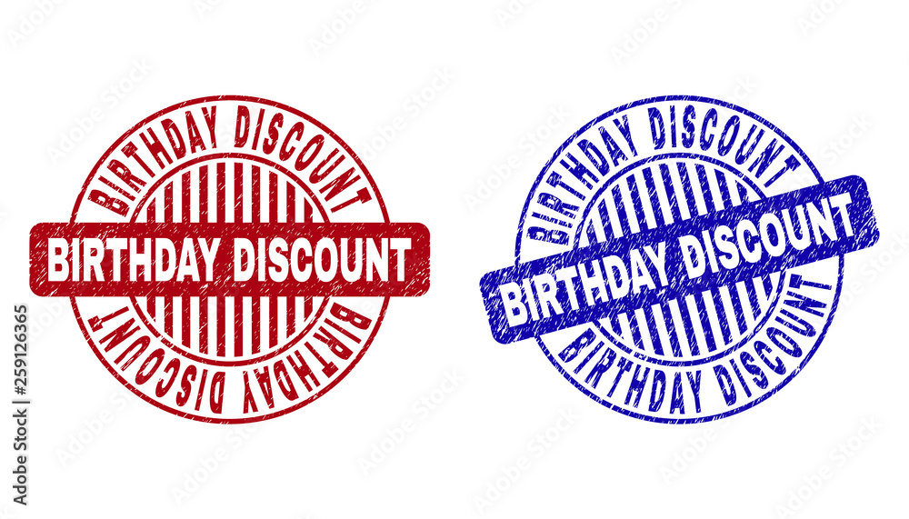 Grunge BIRTHDAY DISCOUNT round stamp seals isolated on a white ...