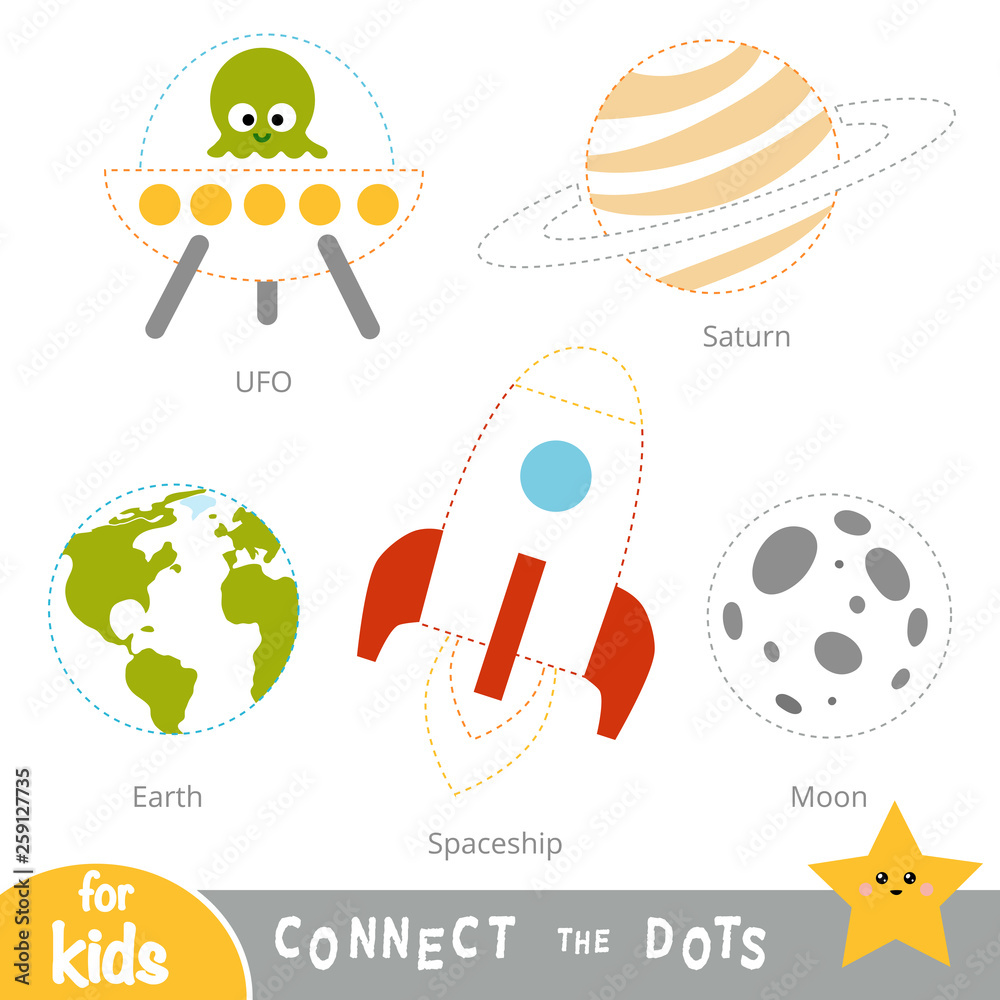 Connect the dots, education game for children. A set of space objects ...