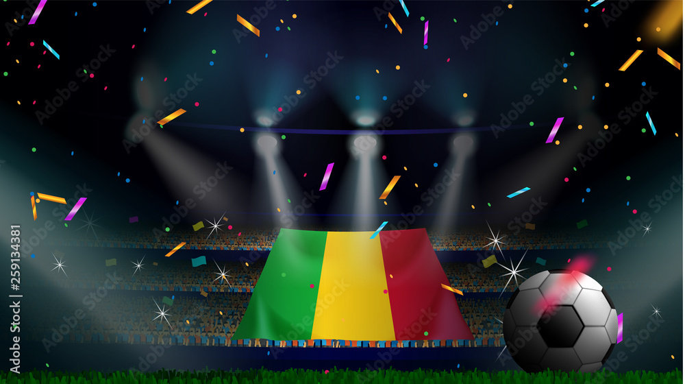 Fans hold the flag of Mali among silhouette of crowd audience in soccer ...