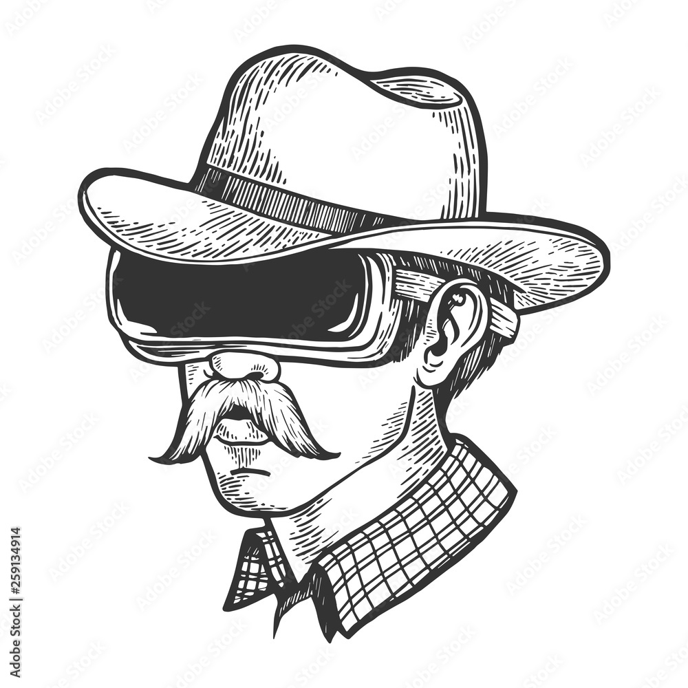 Cowboy head in VR helmet glasses sketch engraving vector illustration ...