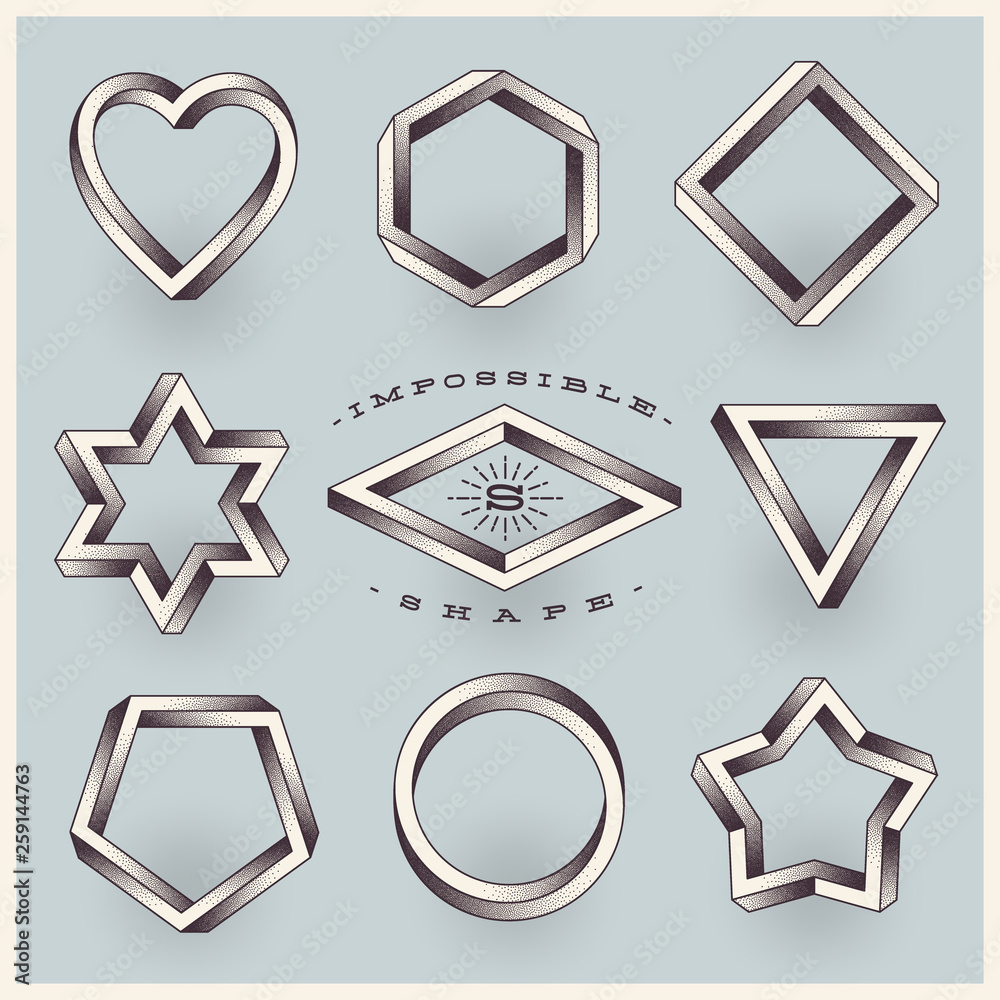 Set of impossible shapes with stippled gradient. Vector illustration ...