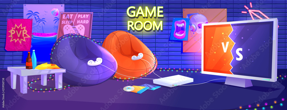 Game club room interior. Play video games on the console with ...