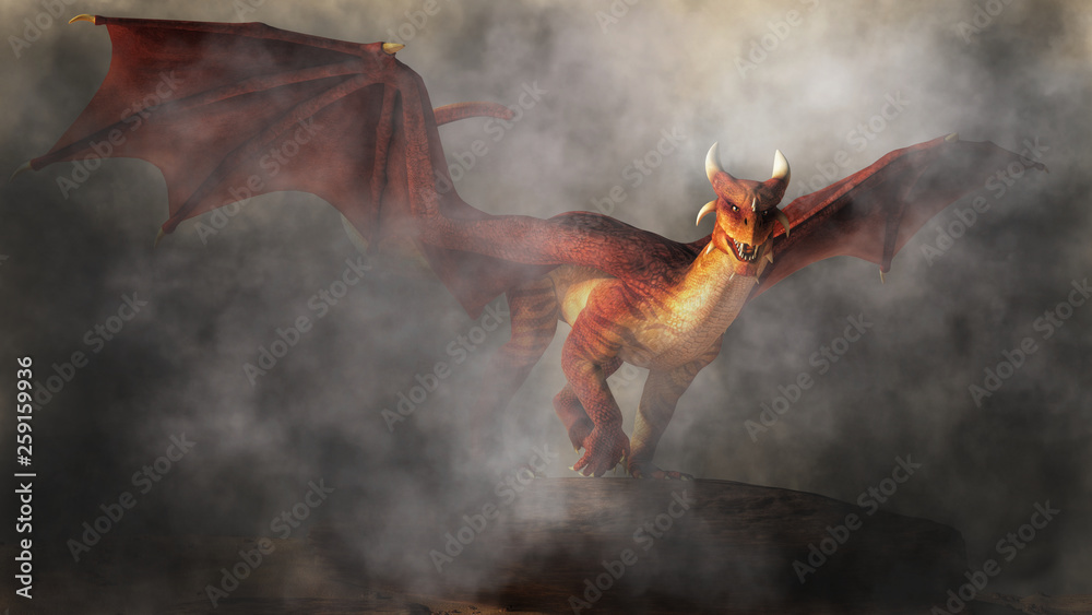 A red dragon emerges from fog and smoke. The monster of myth, fantasy ...