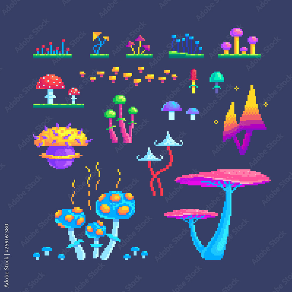 Poster Pixel art set of magical mushrooms different sizes and forms ...