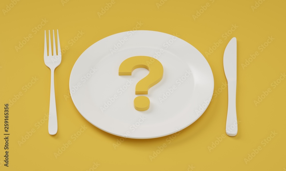 What do we eat today? Question mark on plate with cutlery on the sides ...