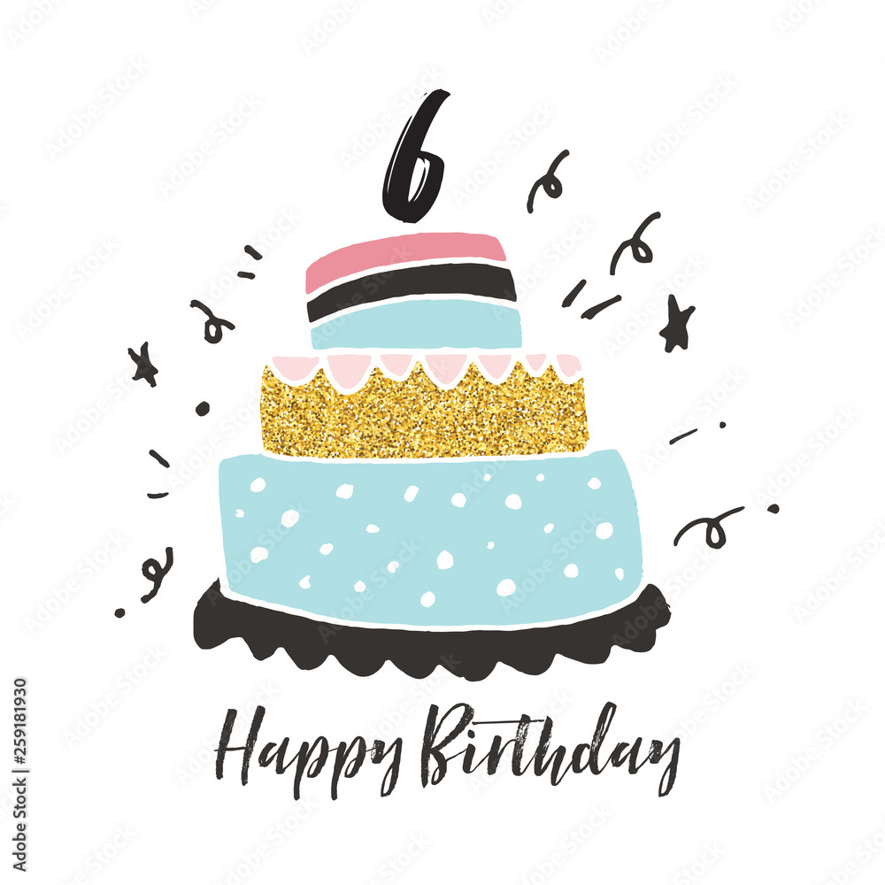 6th birthday hand drawn cake birthday card Stock Vector | Adobe Stock