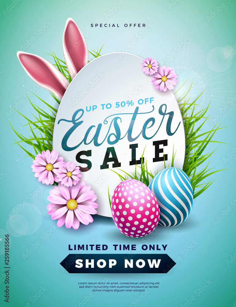Easter Sale Illustration with Color Painted Egg, Spring Flower and ...