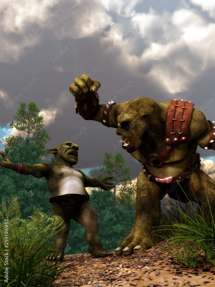 Two green monsters, an ogre and a goblin, argue as they walk down an ...