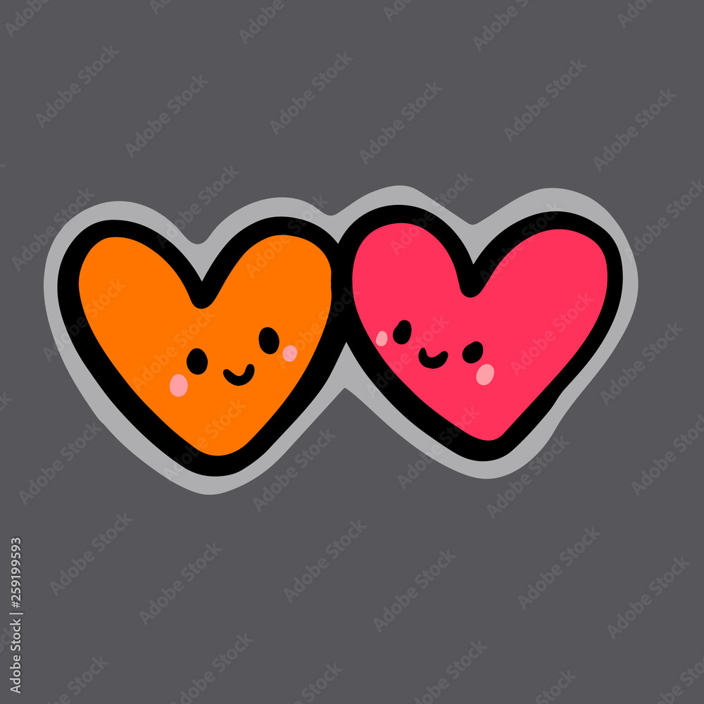 Two hearts in love sticker cute illustration in cartoon style Stock ...