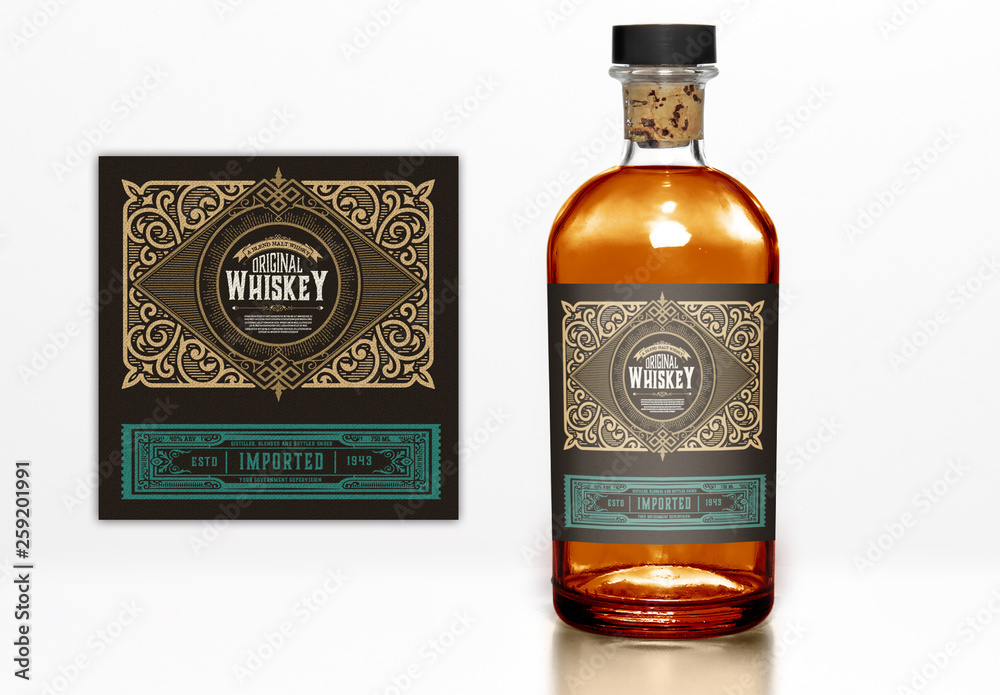 Vintage Whiskey Label Layout with Gold and Teal Elements Stock Template ...