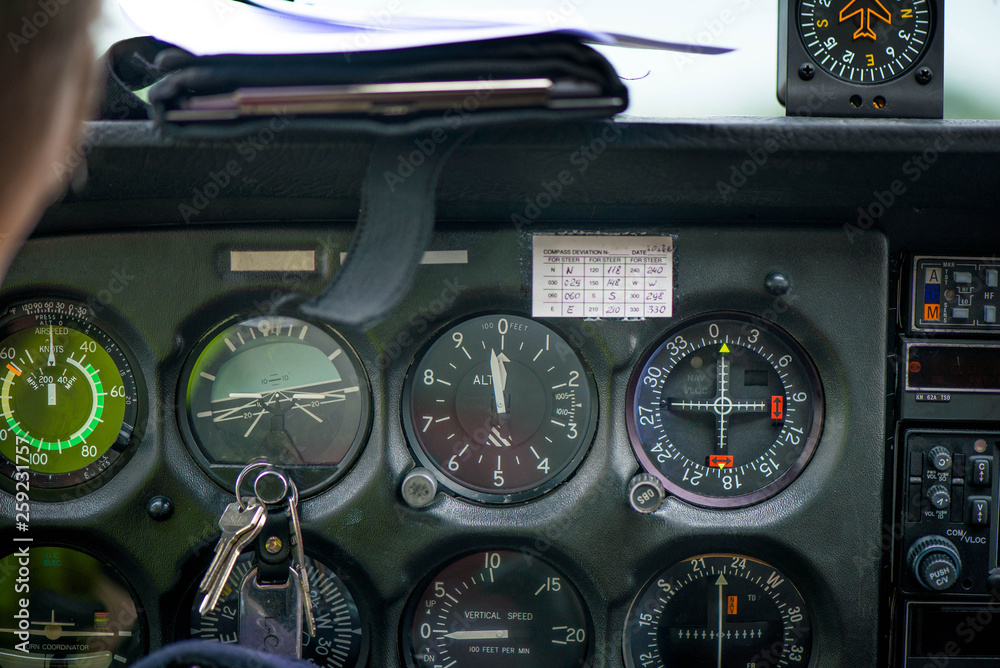 Detail of old airplane cockpit. Aircraft equipment, various indicators ...