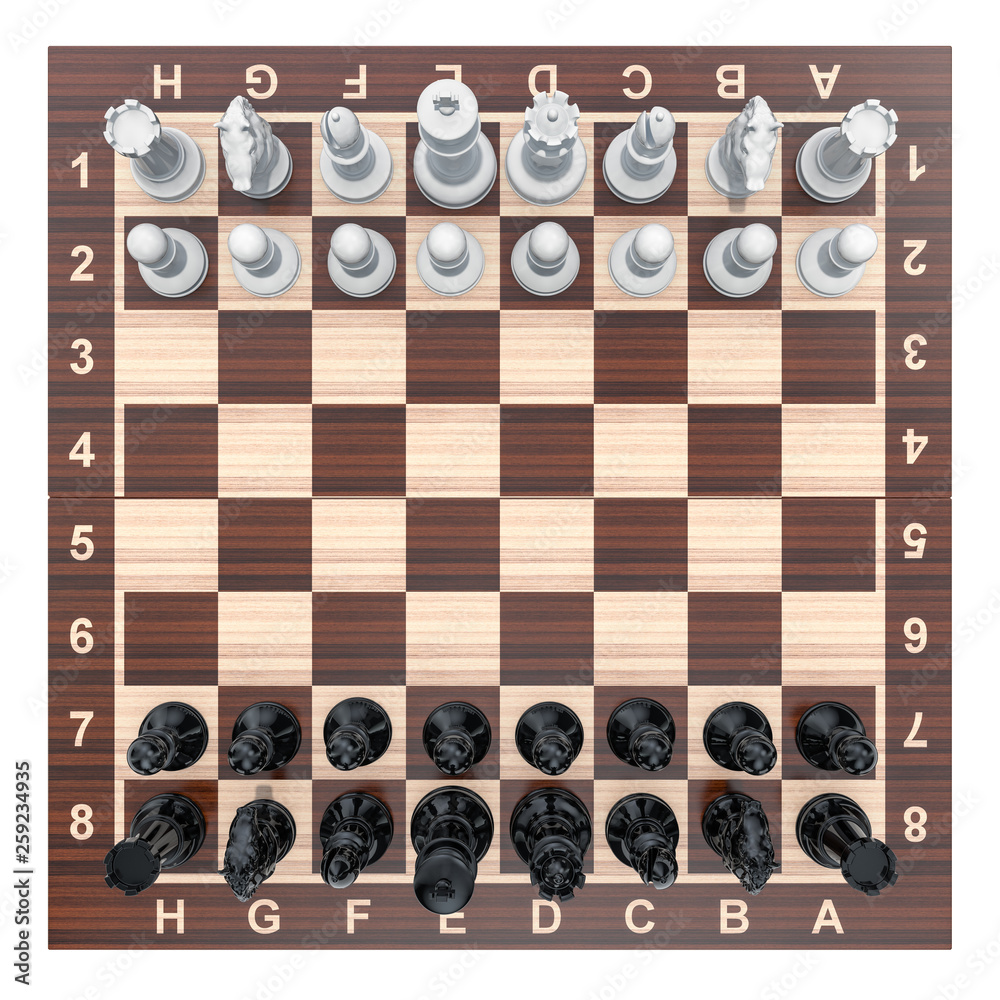 Chess board with chess pieces, top view. 3D rendering Stock ...