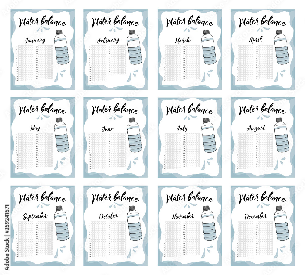 Water balance vector calendar.set Water monthly tracker. Water ...