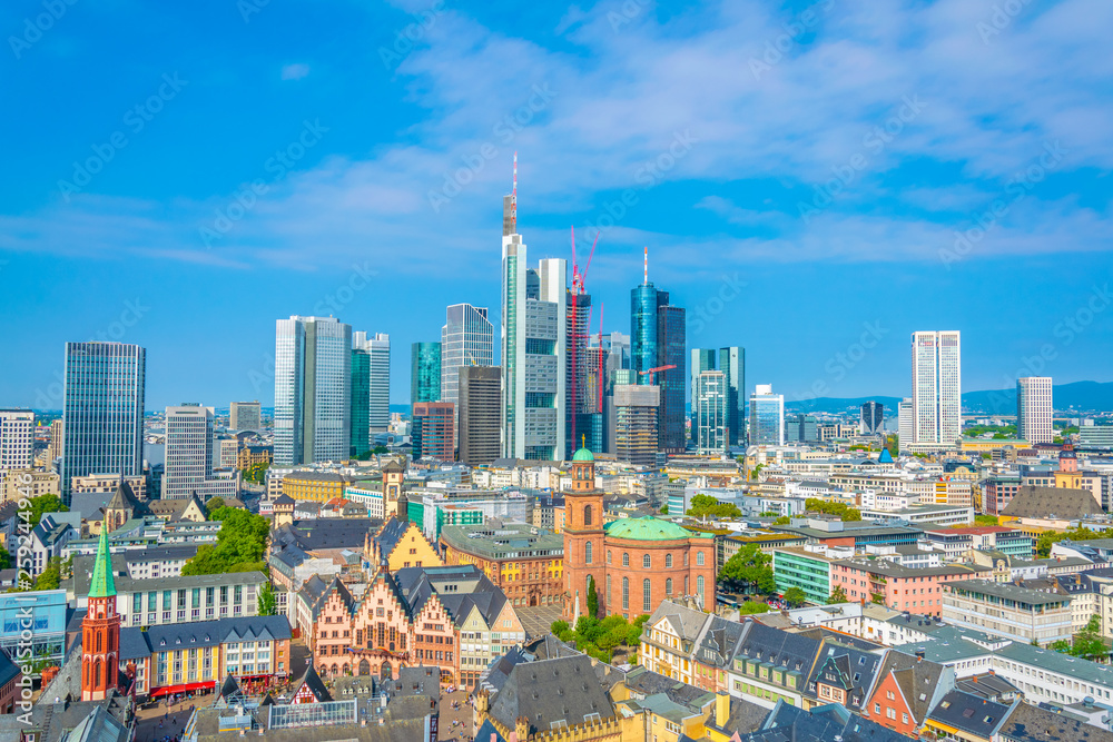 Skyscrapers of financial center of Frankfurt viewed behind Paulskirche ...