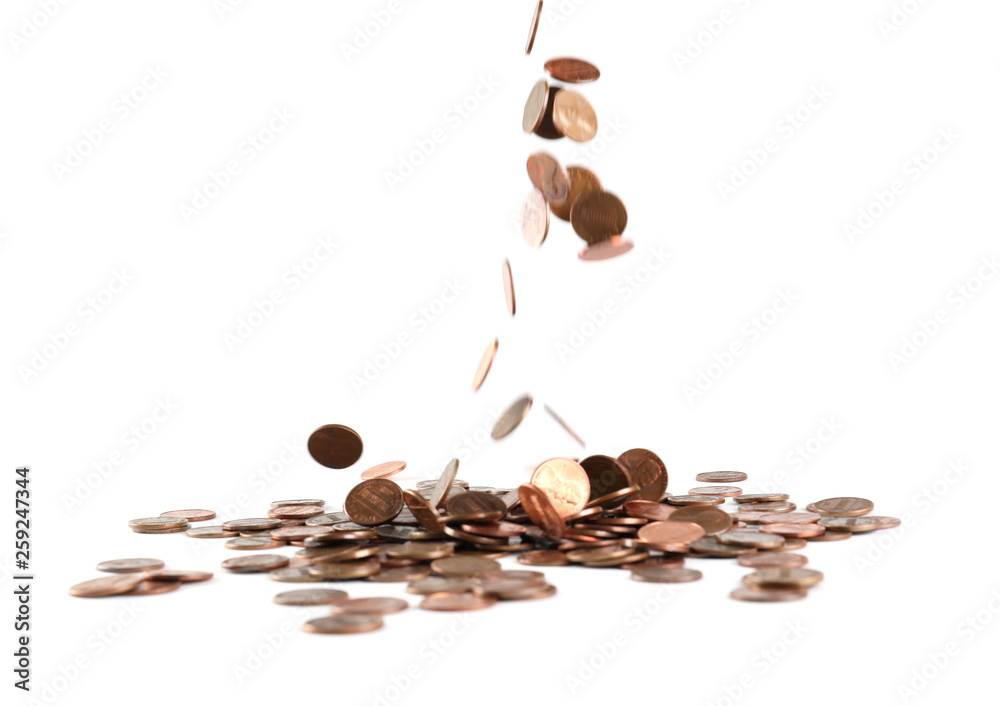 Coins falling down into pile isolated on white Stock Photo | Adobe Stock