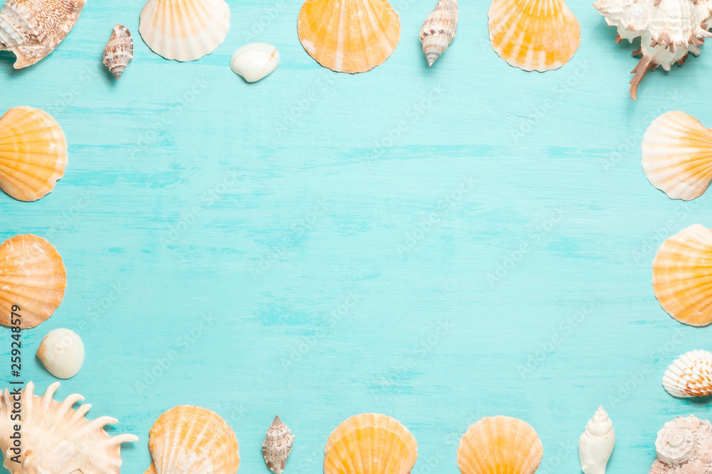 Blue sea background with copy space and seashell border, summer holiday ...