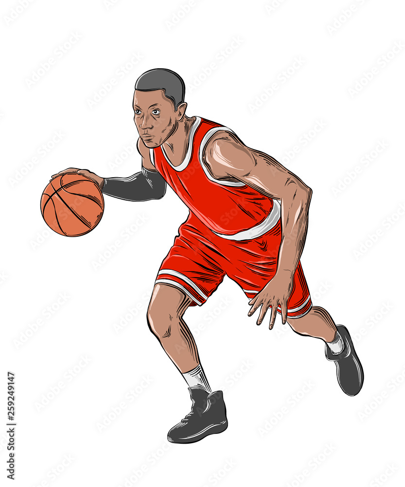 Hand drawn sketch of basketball player in color, isolated on white ...