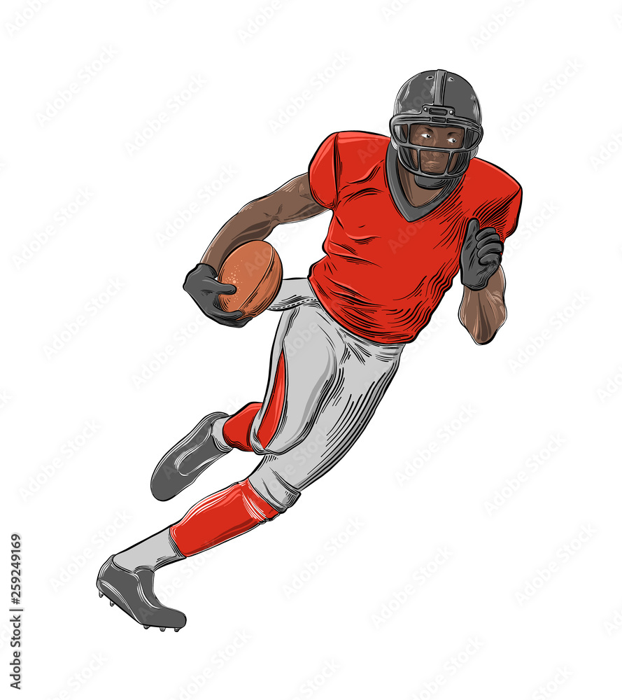 Hand drawn sketch of American football player in color, isolated on ...