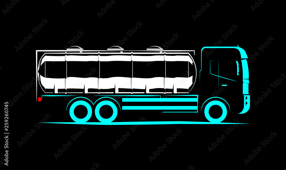 milk tanker, petrol tanker simple side view schematic image on a black ...