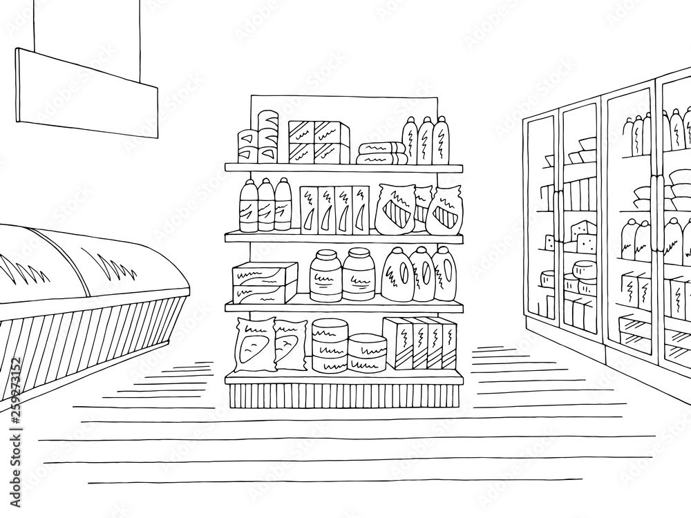 Grocery store shop interior black white graphic sketch illustration ...