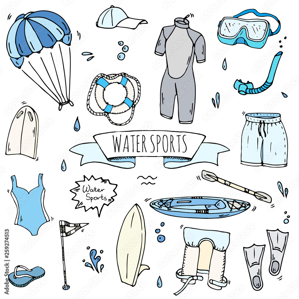 Hand drawn doodle Water sports icons set. Vector illustration, isolated ...