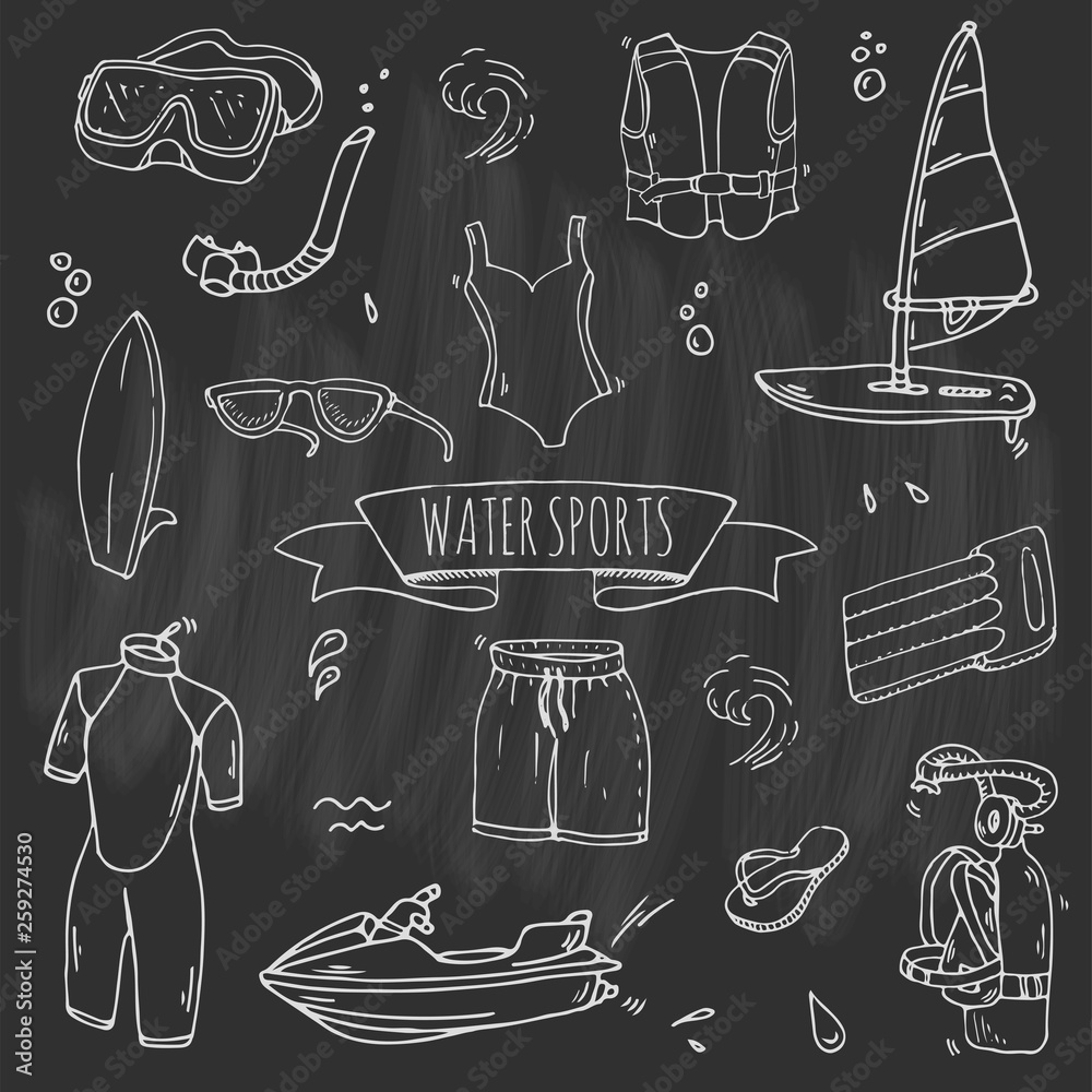 Hand drawn doodle Water sports icons set. Vector illustration, isolated ...