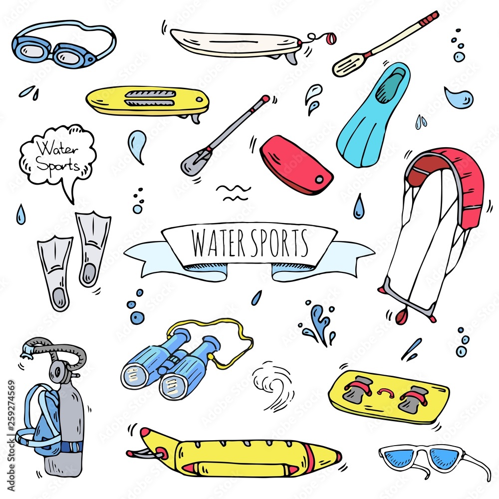 Hand drawn doodle Water sports icons set. Vector illustration, isolated ...