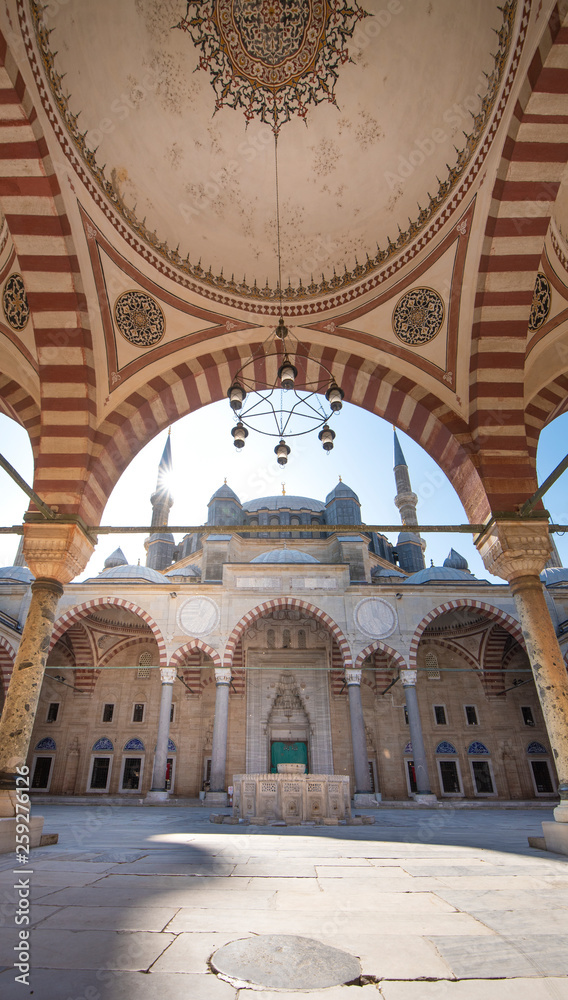 Courtyard of Selimiye Mosque in Edirne, Turkey. The mosque is in UNESCO ...
