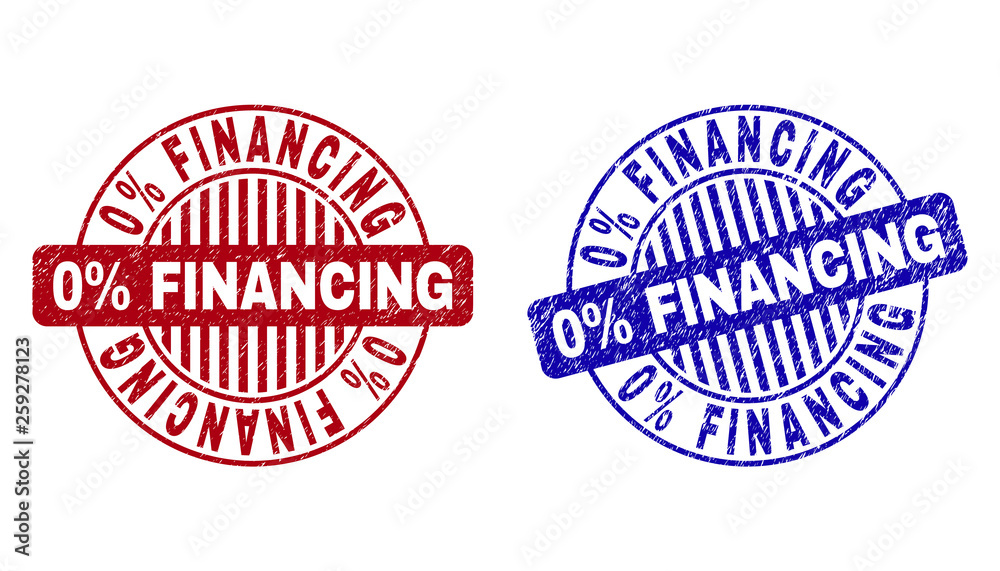 Grunge 0 Percents FINANCING round stamp seals isolated on a white background. Round seals with ...