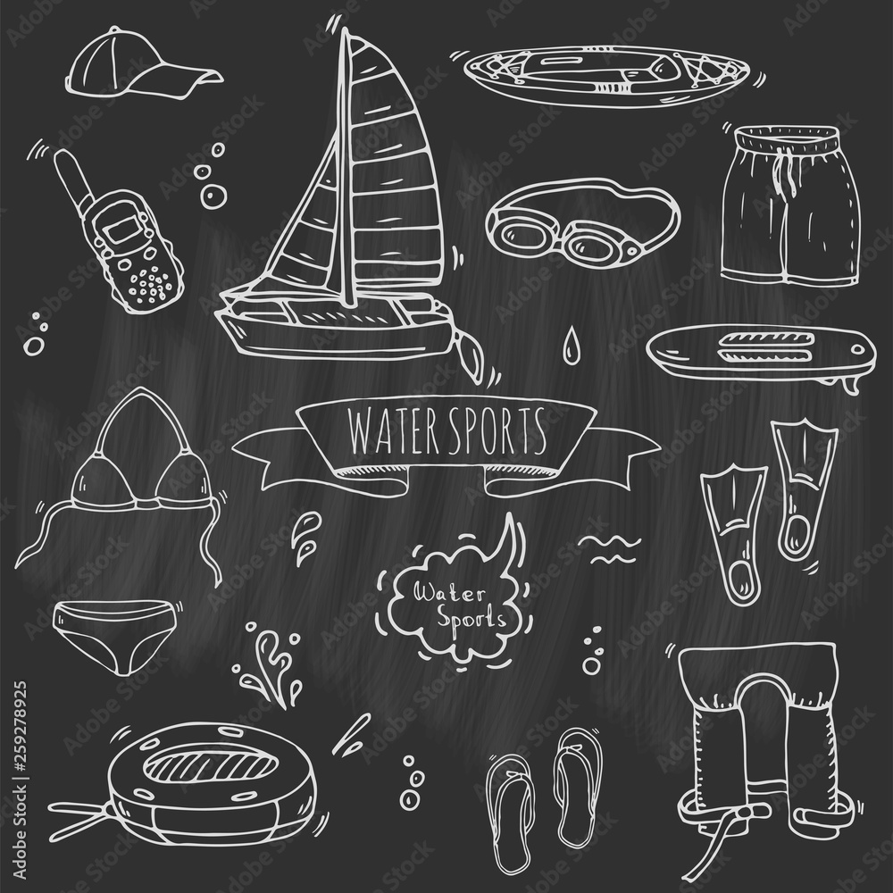 Hand drawn doodle Water sports icons set. Vector illustration, isolated ...