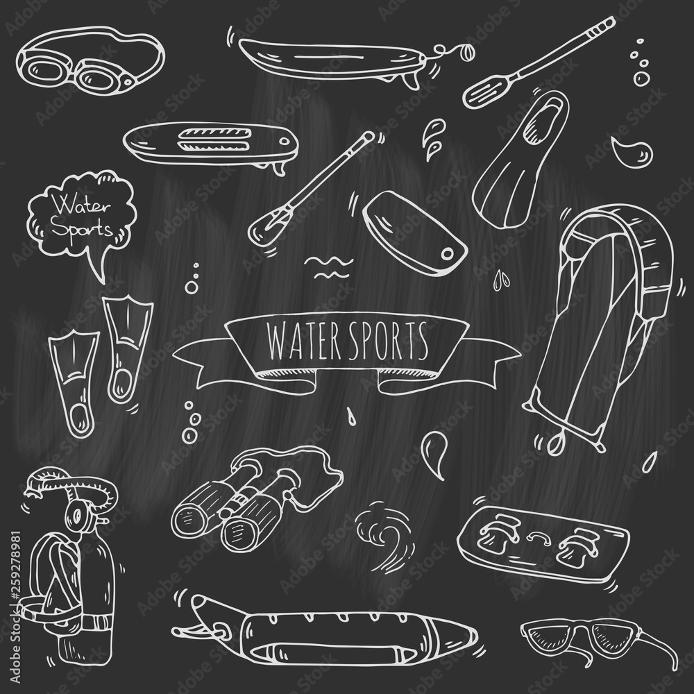 Hand drawn doodle Water sports icons set. Vector illustration, isolated ...