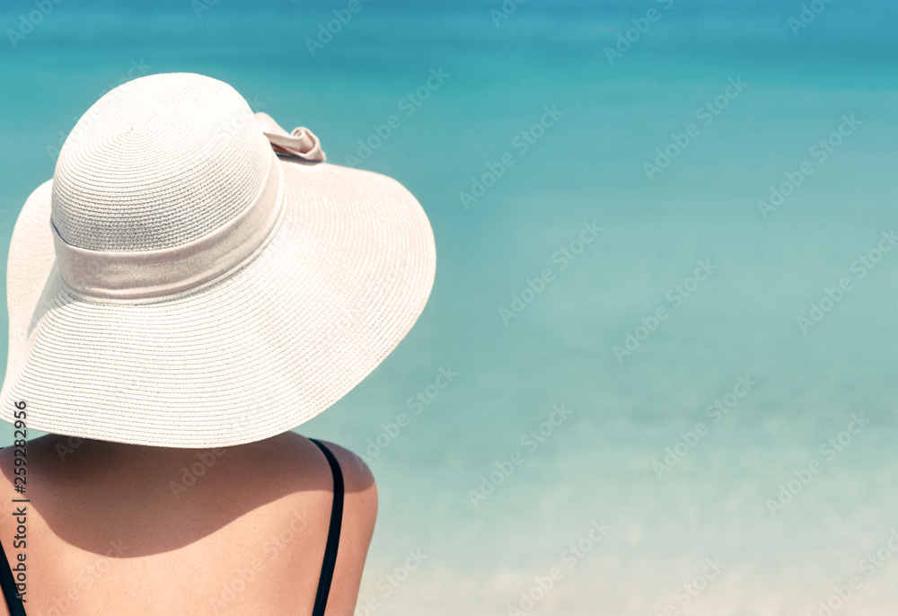 Happy Woman Enjoying Beach Relaxing Joyful In Summer By Tropical Blue Water Beautiful Bikini