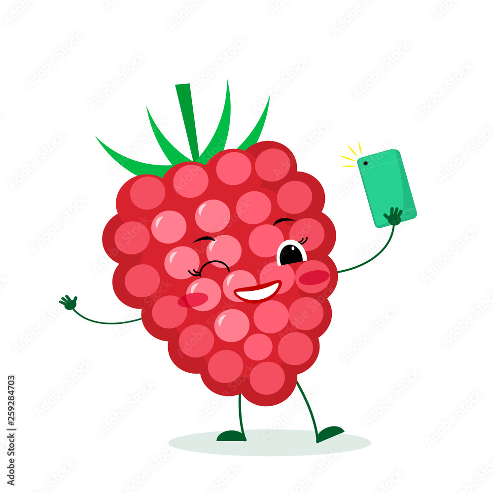 Cute ripe r raspberries berry cartoon character with a smartphone and ...