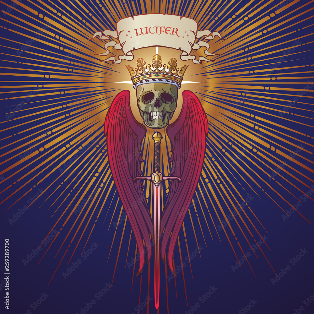 Lucifer the follen angel on a golden triangle with light beams ...