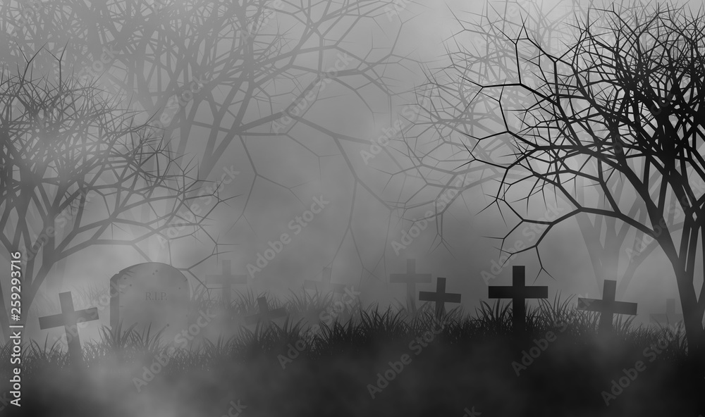 Scary cemetery in creepy forest illustration halloween concept design ...
