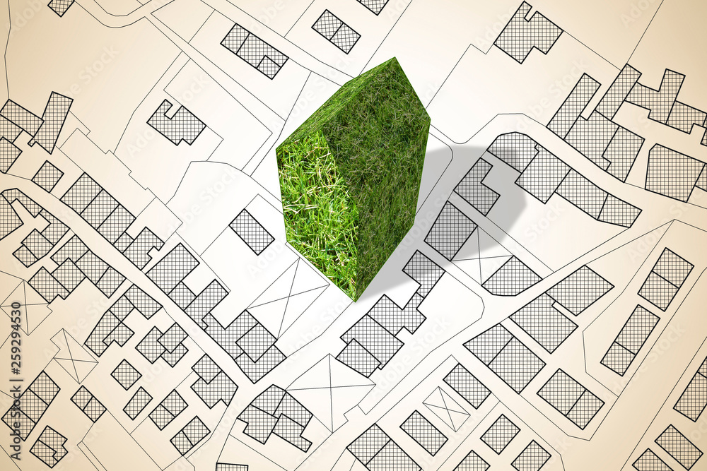 Imaginary city map with a green building - The architecture of the ...