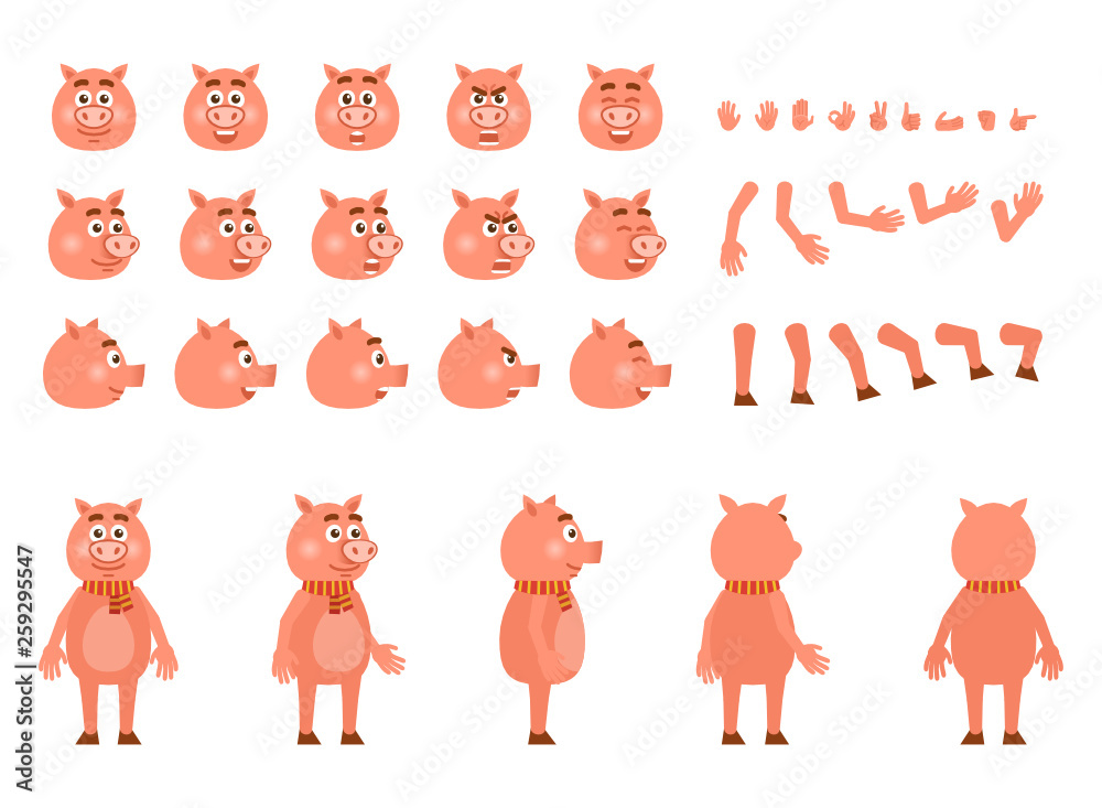 Pig character creation kit. Create your own actions, emotions, poses ...