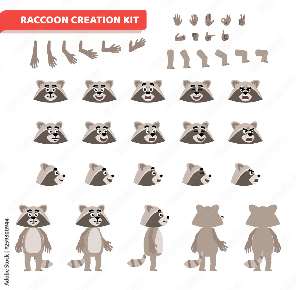 Cartoon raccoon creation set. Various gestures, emotions, diverse poses ...