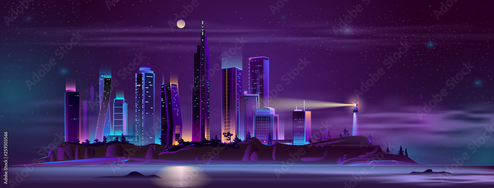 Modern metropolis buildings on sea or ocean island steep shore with ...