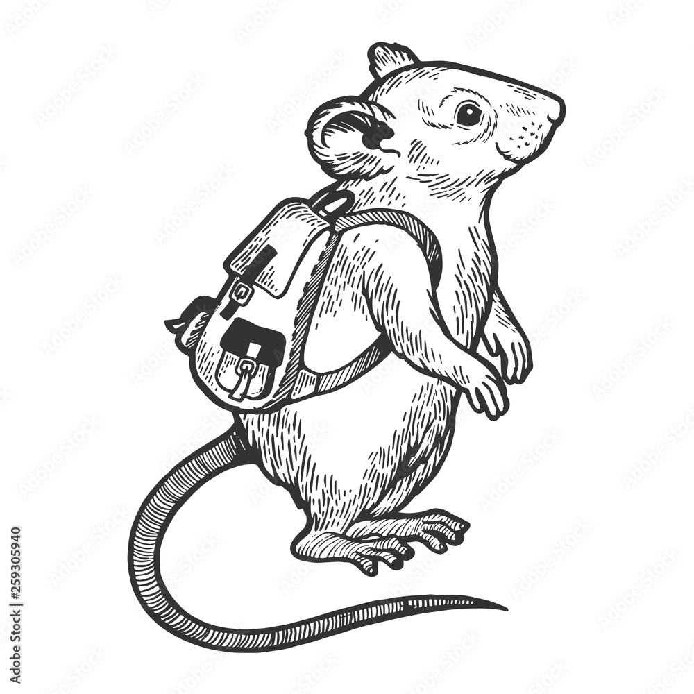 Cartoon mouse with backpack sketch engraving vector illustration ...