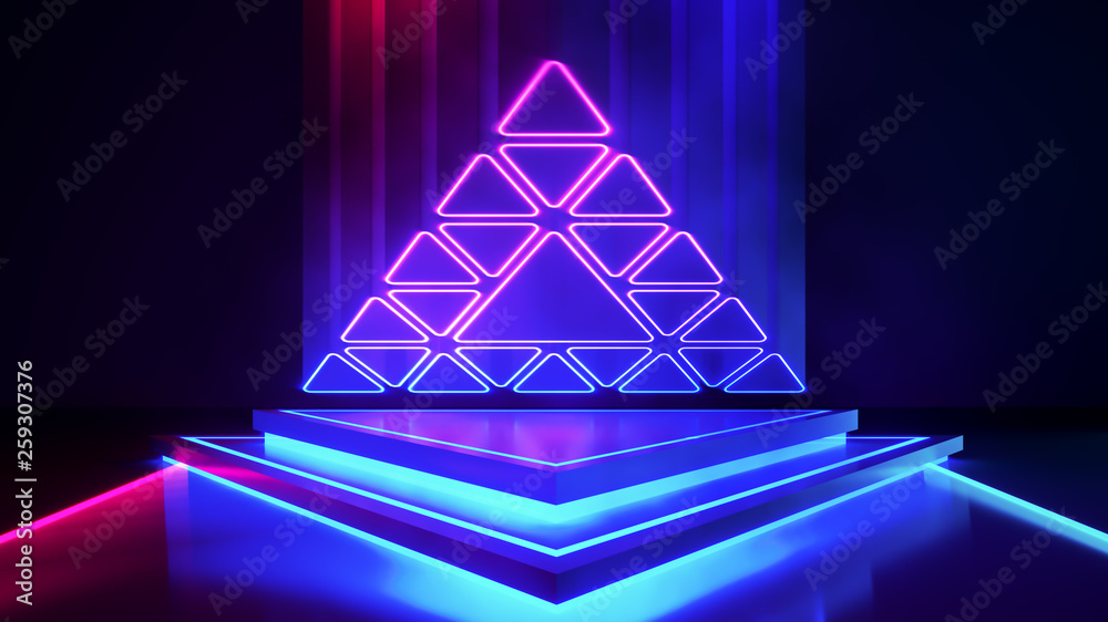 Triangle stage with smoke and and purple neon light ,abstract fustic ...